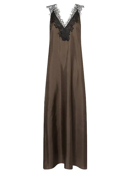 ROHE FRAMES Silk Maxi Dress With Lace Trim - Earth