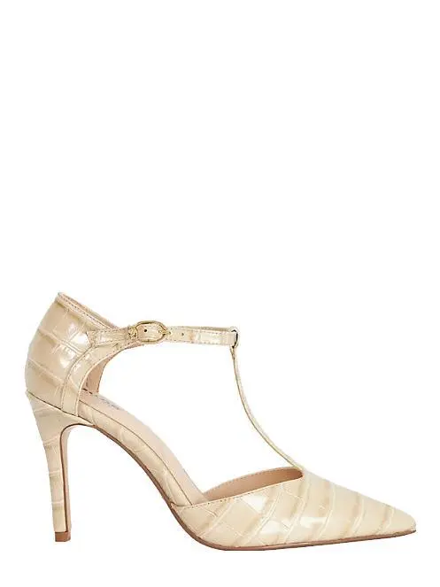 DUNE Castered Heeled Leather Courts - Blush Croc Leather