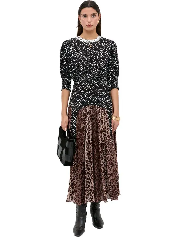 Rixo Meg Leopard Polka Dot Godet-skirt Midi Dress - Black