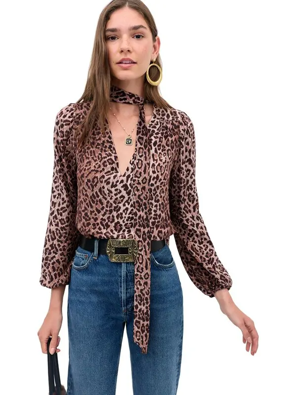 Rixo Moss Leopard Silk Blouse - Brown