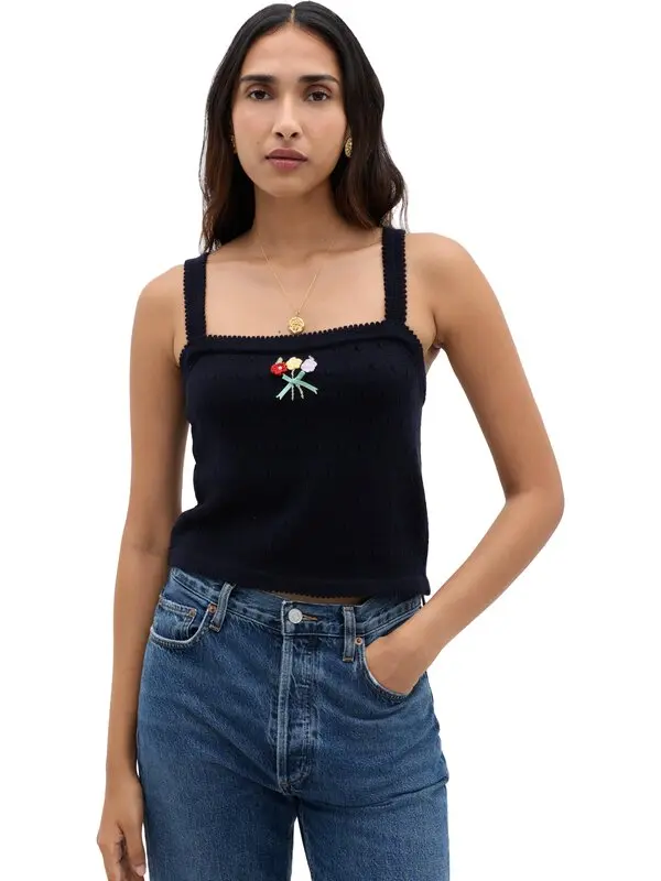 Rixo Perla Floret Embroidery Knit Top - Navy