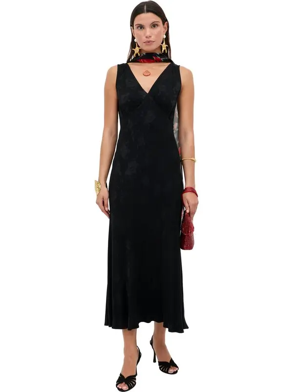 Rixo Sandrine Poppy Jacquard V-neck Midi Dress - Black