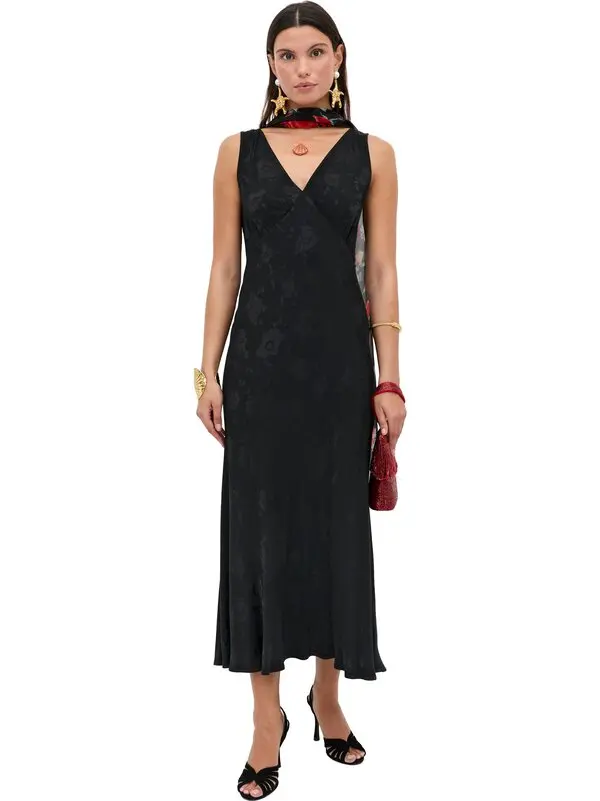 Rixo Sandrine Poppy Jacquard V-neck Midi Dress - Black
