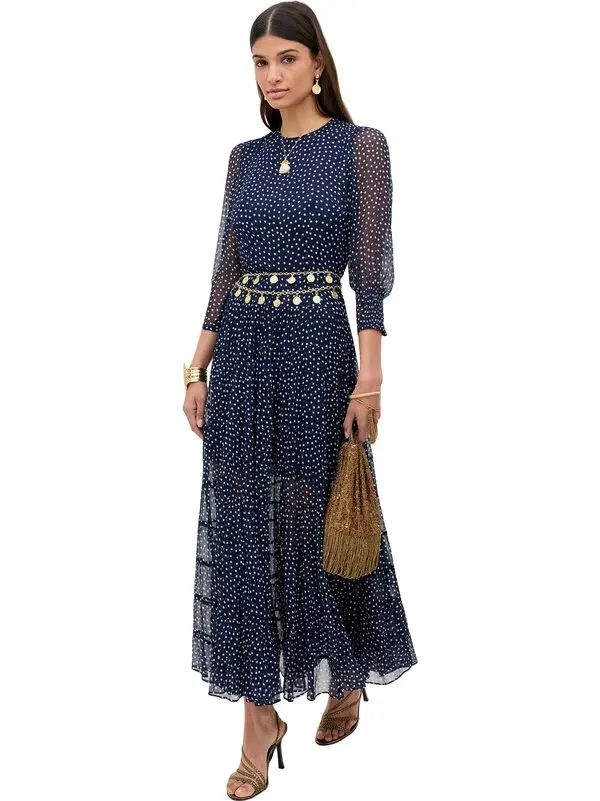 Rixo Kristen Polka Dot Tiered Midi Dress - Navy