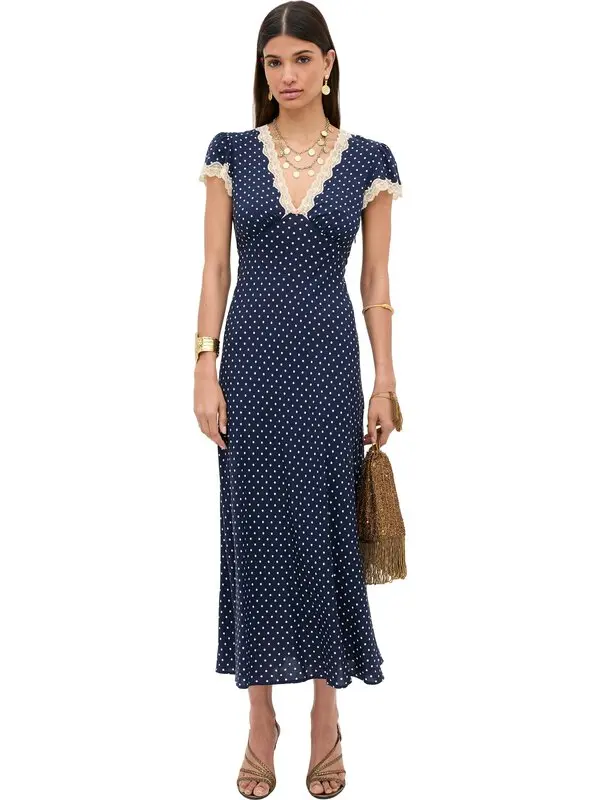 Rixo Clarice Polka Dot Lace V-neck Dress - Navy