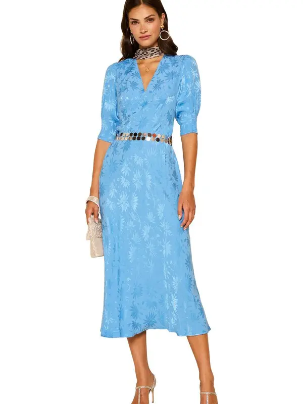 Rixo Zadie Daisy Jacquard V-neck Midi Dress - Blue