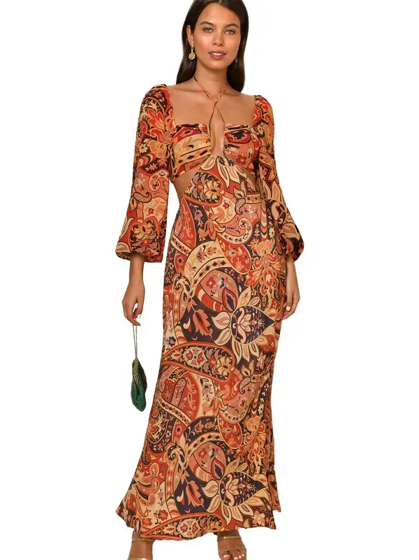 Rixo Kamilla Grace Paisley Canyon Silk Cut-out Midi Dress - Brown