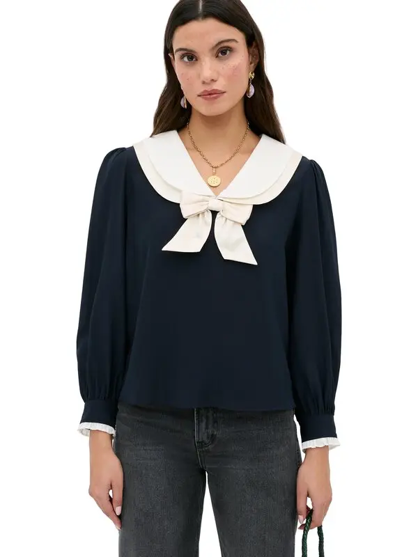 Rixo Bow-collar Silk Top - Navy