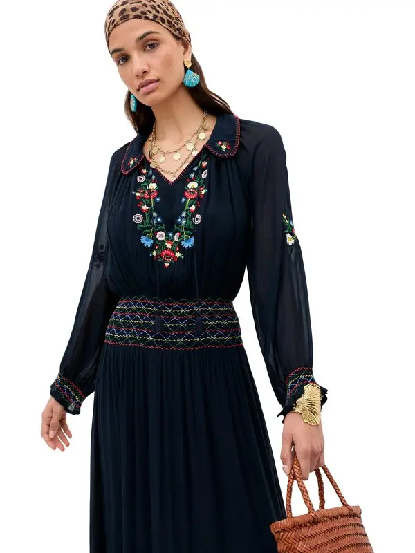 Rixo Emilio Petunia Embroidered Dress - Navy
