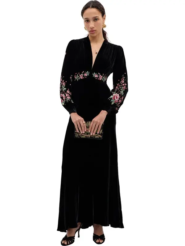 Rixo Emory Blossom Embroidered Midi Dress - Black