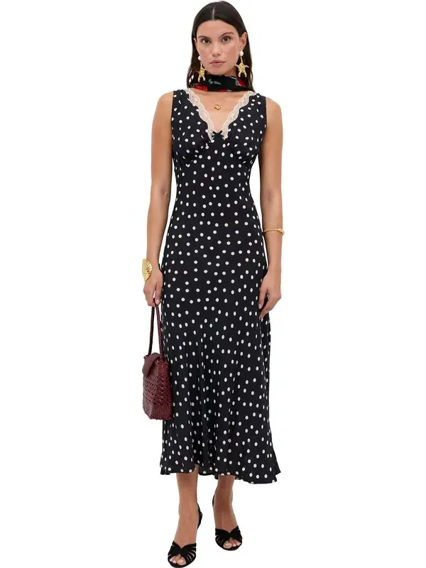 Rixo Sandrine Polka Dot Slip Dress - Navy