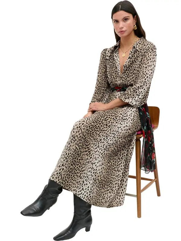 Rixo Izzy Antelope Spot Midi Dress - Brown
