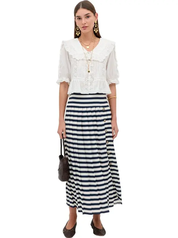 Rixo Lea Stripe Midi Skirt - Navy