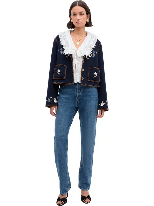 Rixo Sunday Floral Embroidered Wool Jacket - Navy