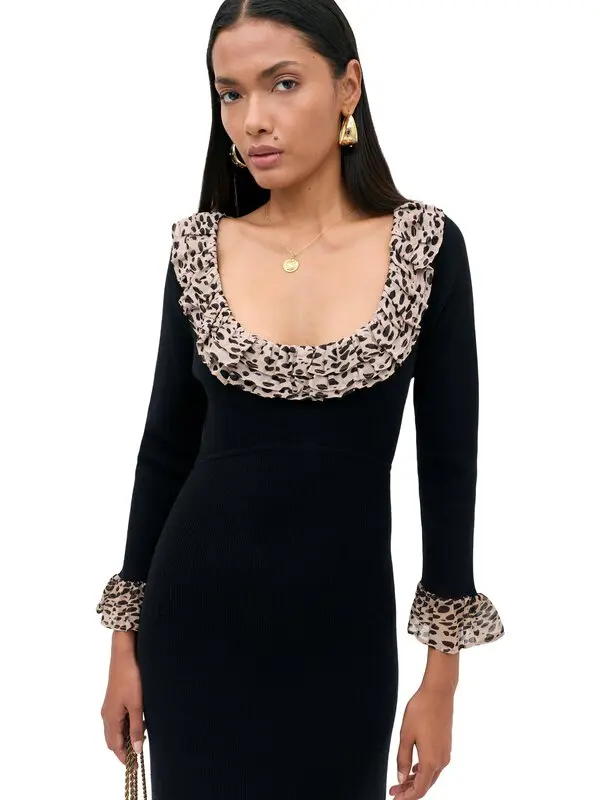 Rixo Mika Antelope Spot Knit Midi Dress - Black