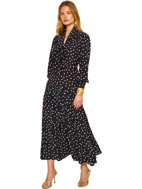 Rixo Silk Midi Dress With Tie Neck - Navy