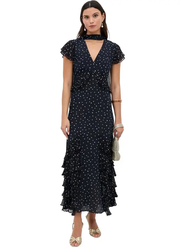 Rixo Thanvi Starry Night Silk Midi Dress - Navy