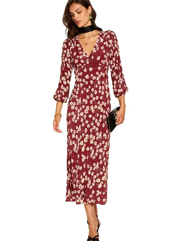 Rixo Mavis Floral Midi Dress - Burgundy