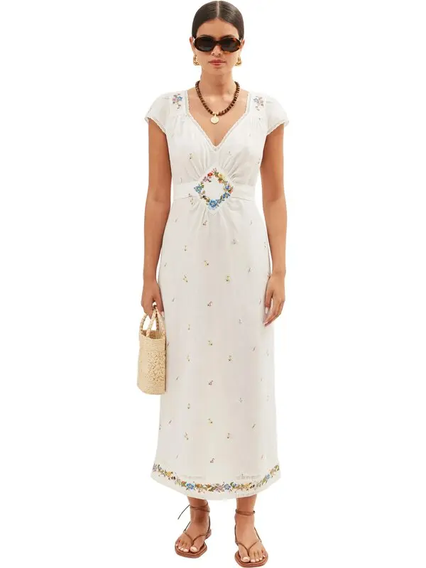 Rixo Carey Meadow Embroidered Dress - White