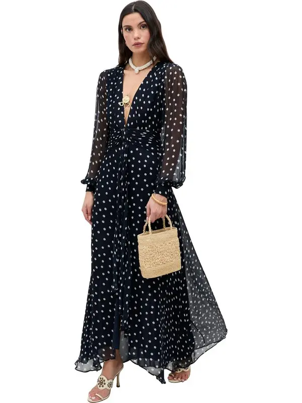 Rixo Meera Bohemia Spot Viscose Midi Dress - Navy