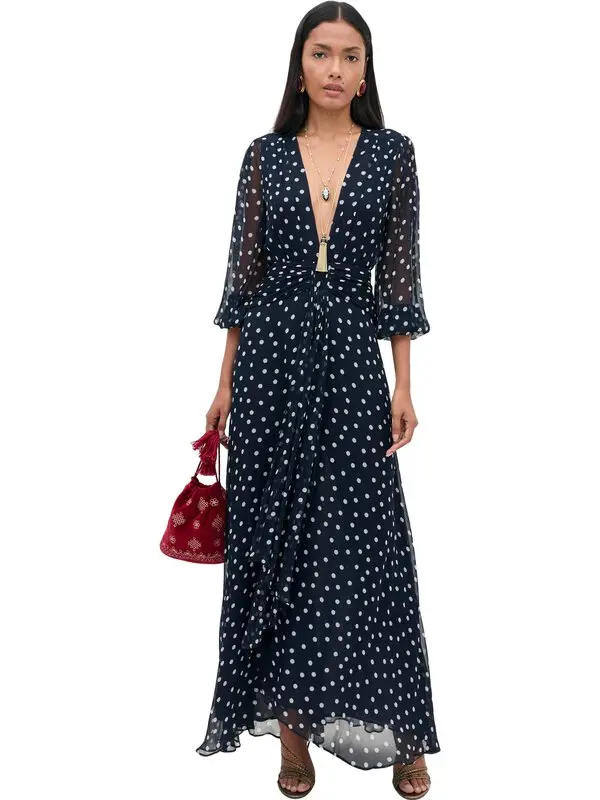 Rixo Meera Bohemia Spot Viscose Midi Dress - Navy