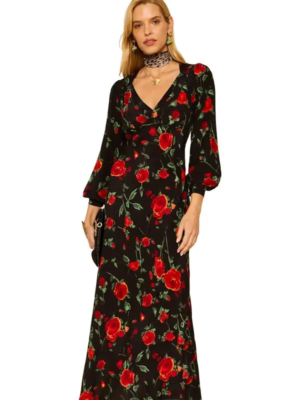 Rixo Mavis Claudia Rose Silk Midi Dress - Black