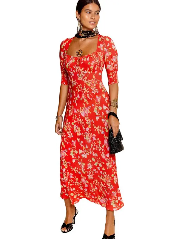 Rixo Alida Waterblossom Midi Dress - Red