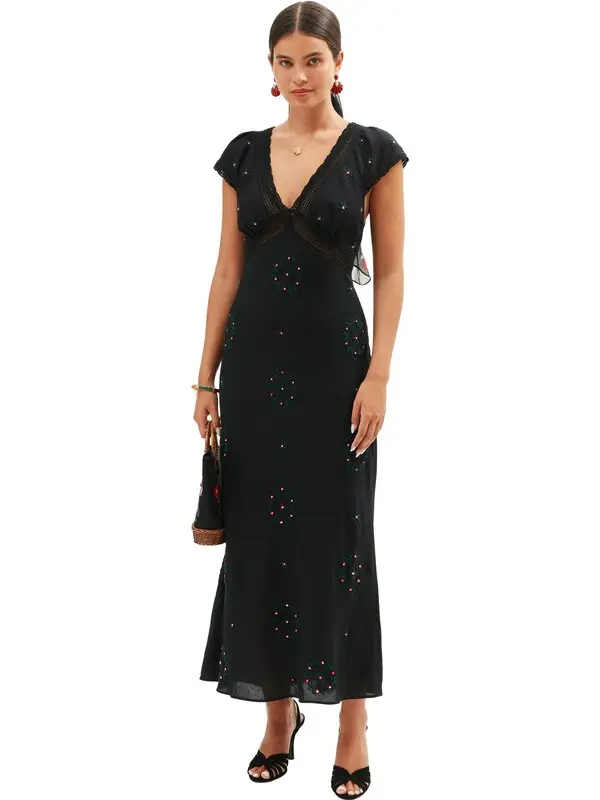 Rixo Iggy Rose Trail Embroidered Dress - Black