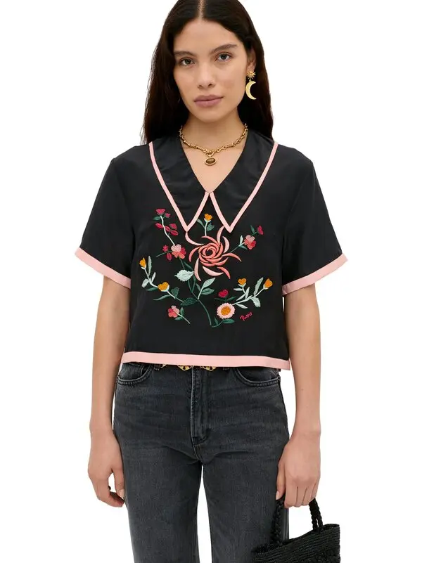 Rixo Nicolina Frida Embroidered Top - Black