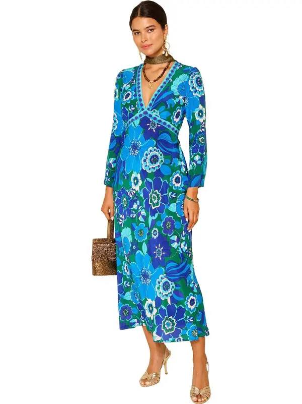 Rixo Tania Miami Floral Emerald Midi Dress - Blue