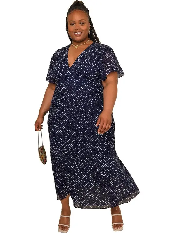 Rixo Florida Mini Dot V-neck Midi Dress - Navy