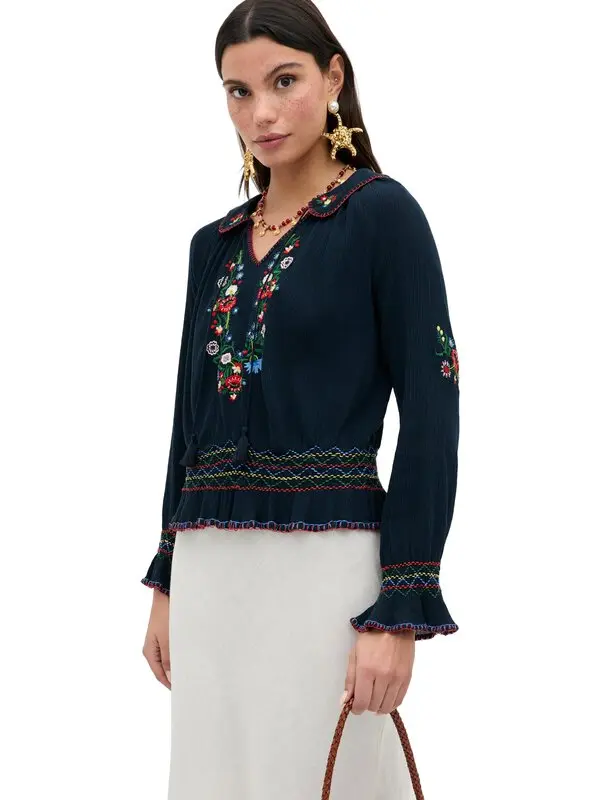 Rixo Sofira Petunia Embroidery Top - Navy