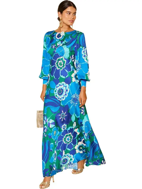Rixo Floral Satin Open-back Gown - Blue