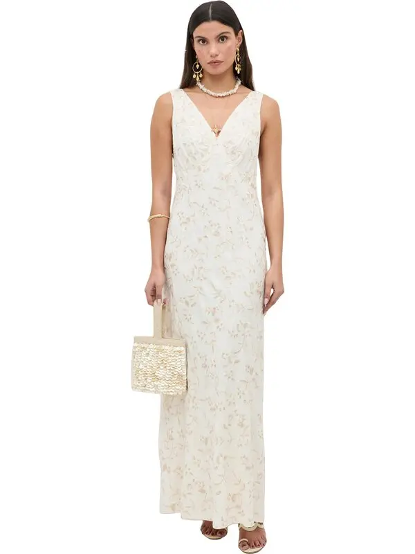 Rixo Botanical Embroidered Regular Fawn Dress - Ivory