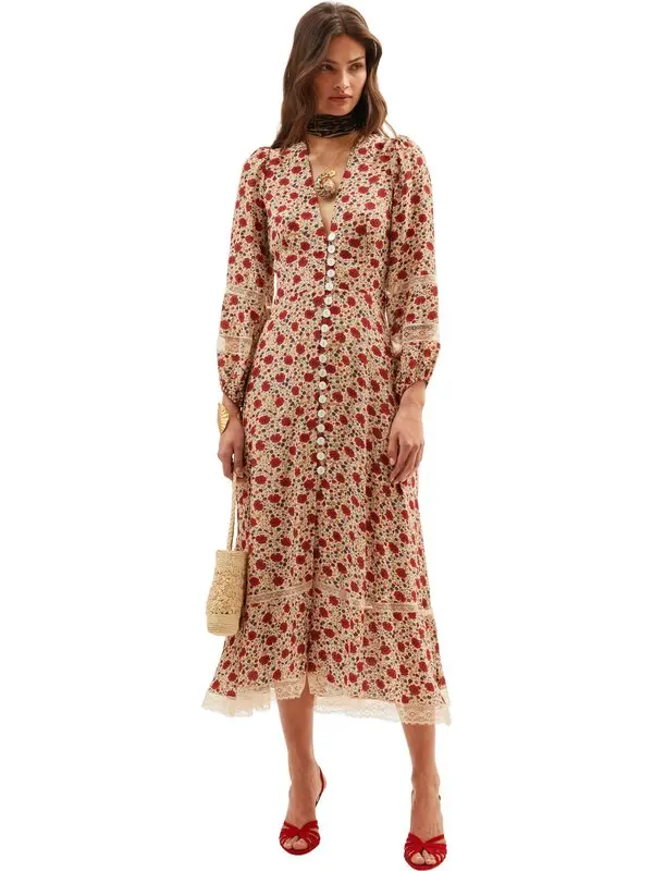 Rixo Floral Long Sleeve Dress - Cream
