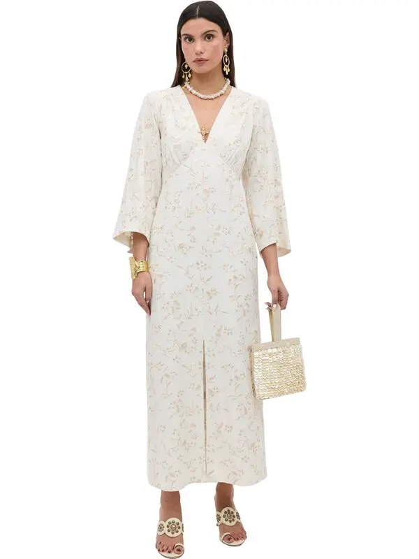 Rixo Dahlia Botanical Embroidery Pearl Dress - Ivory