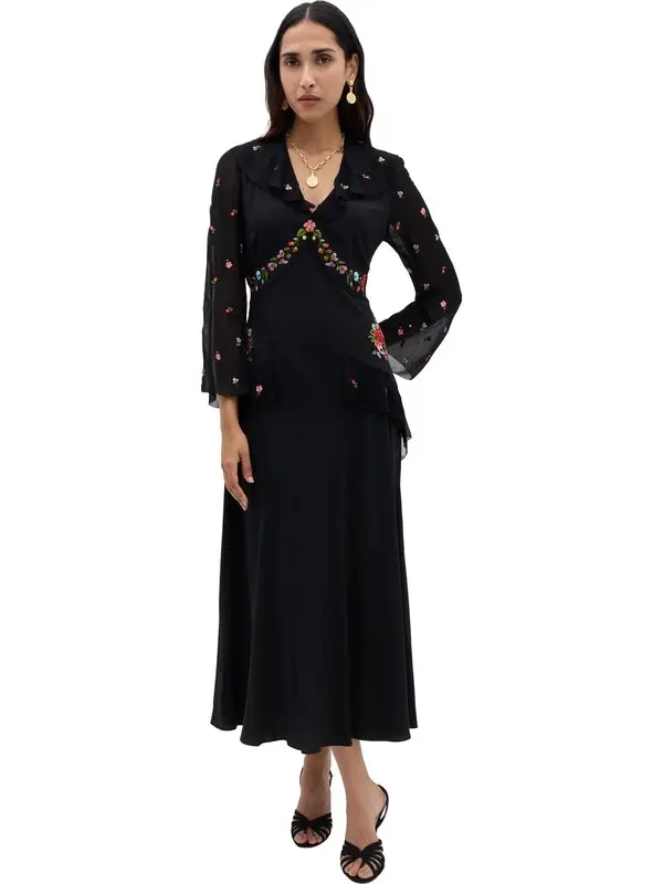 Rixo Cedar Bouquet Embroidery Dress - Black