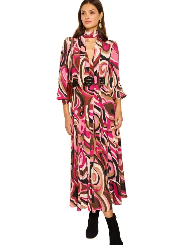 Rixo Marble Print Silk Midi Dress - Pink