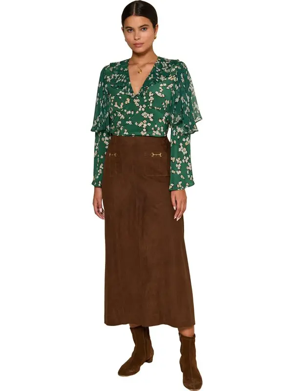 Rixo Suede Edwina Midi Skirt - Brown