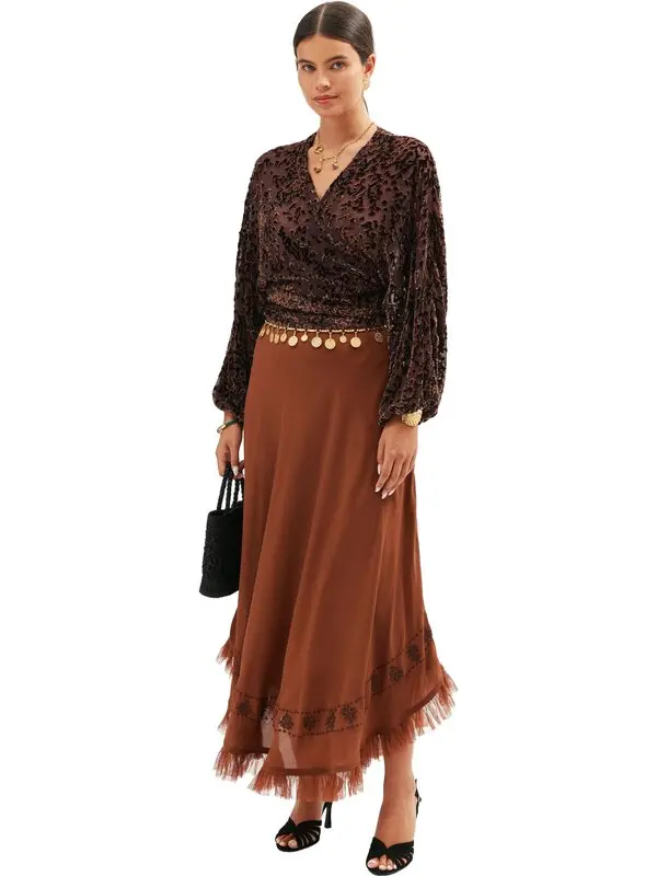 Rixo Rudy Embroidered Skirt - Brown