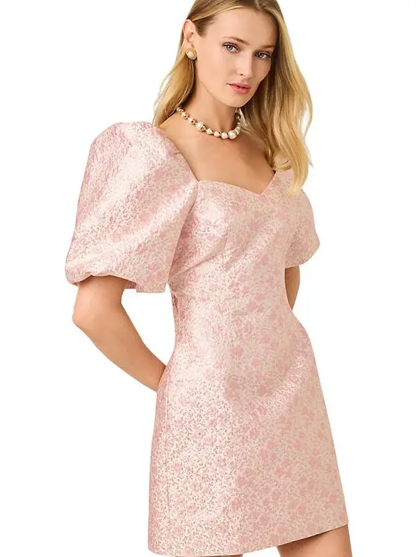 LILLY PULITZER Justina Puff Sleeve Skirted Romper - Conch Shell Pink Ritsy Ditsy Metallic Brocade