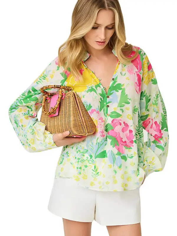 LILLY PULITZER Renisha Long Sleeve Top - Multi Poppy Party Engineered Woven Top