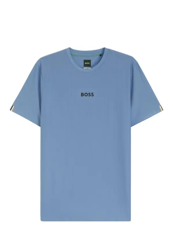 BOSS Active Jacquard-stripe Slim-fit T-shirt With Logo Print - Light Blue