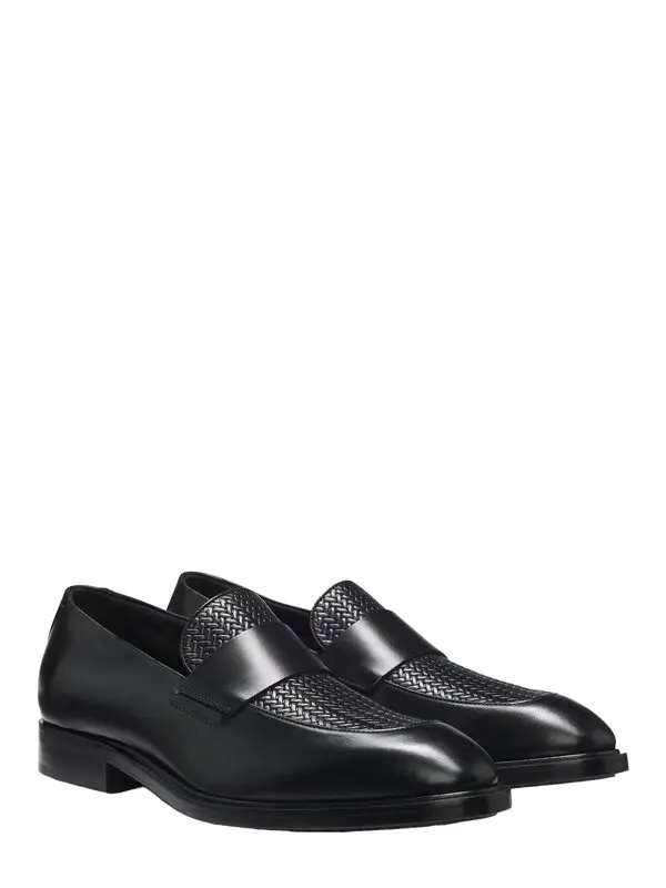 BOSS Leather Loafers With Woven Vamp - Black