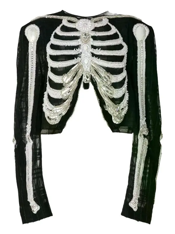 Thom Browne Reverse Opening Cardigan Jacket With Crystal Skeleton Embroidery - Black