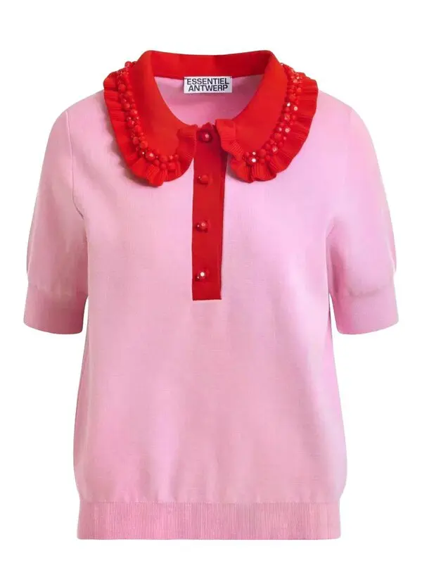 Essentiel Antwerp Beaded-embellished Ruffled-trim Polo Top - Pink