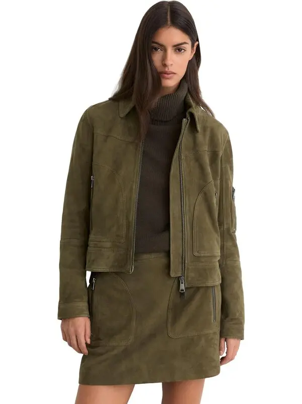 REISS Suede Zip-through Jacket - Khaki Green