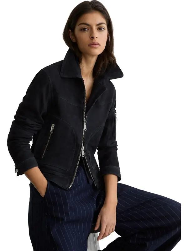 REISS Suede Zip-through Jacket - Navy