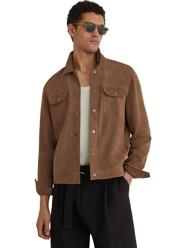 REISS Sliken Suede Jacket - Mushroom Brown