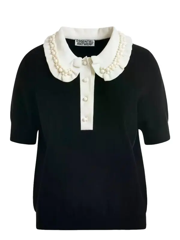 Essentiel Antwerp Jewelry Ruffled Beaded Polo Shirt - Black